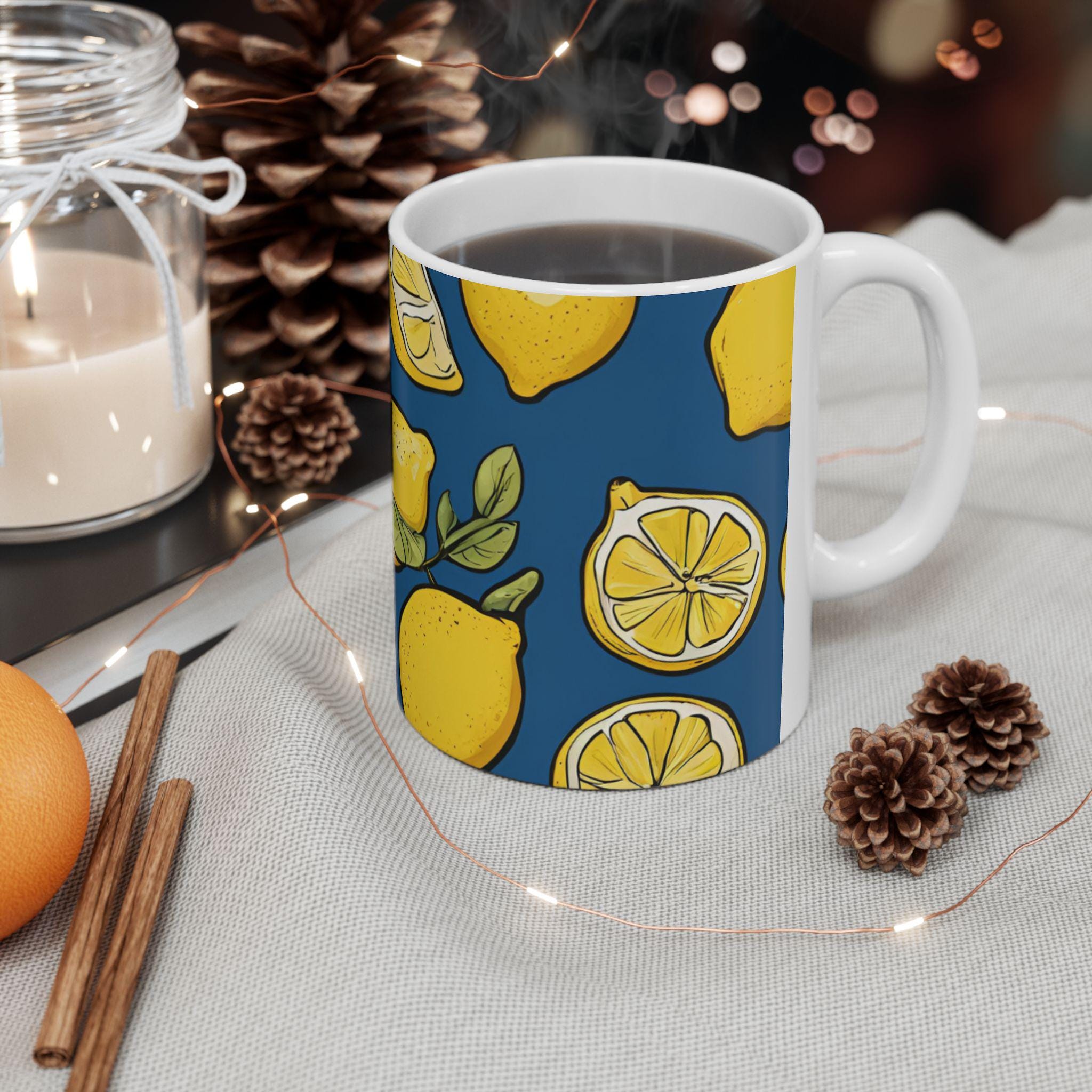 Ceramic Mug, Cute Cartoon Yellow Lemons With Blue Background, Lemon ...
