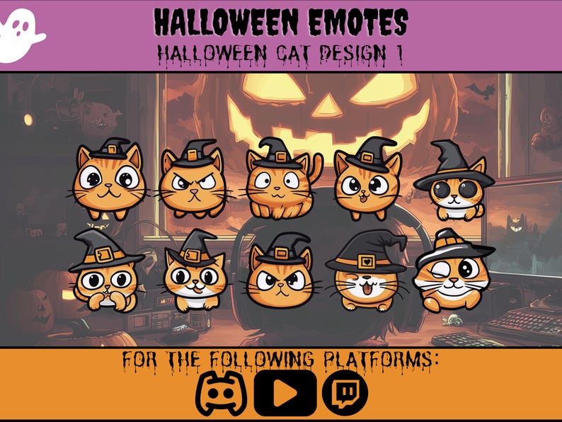 Halloween Cat Emotes Pack: Spooky Twitch, Discord, Youtube Emoji ...