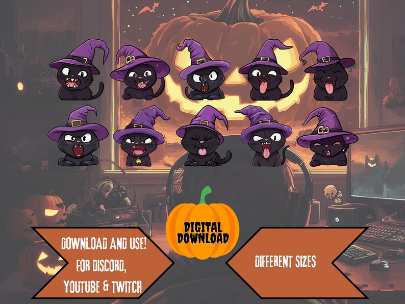 Halloween Cat Witch Hat Emotes: Spooky Stream Graphics (digital ...