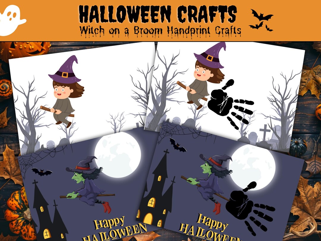 Witch on a Broom Handprint Craft Printables – Flying Witch Halloween ...