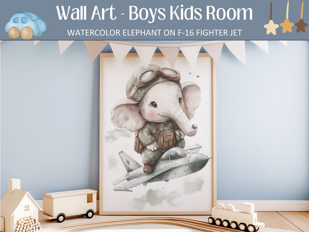 Fighter Jet Nursery Print – Baby Elephant Aviator, Military Jet Decor ...