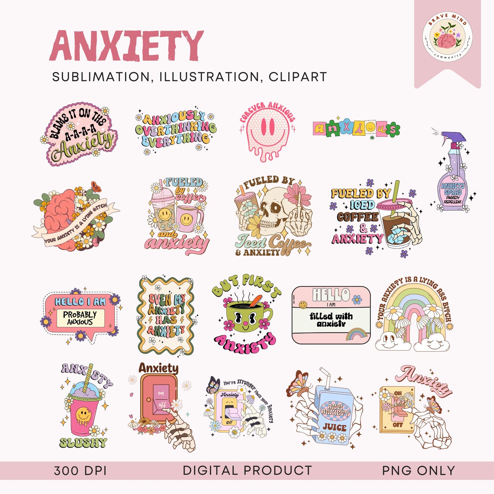 Anxiety Awareness PNG Clipart Illustration Bundle Self Care Stickers ...