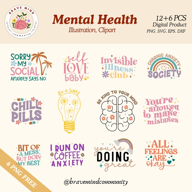 Mental Health Clipart Illustration Bundle Positive Quotation for POD ...