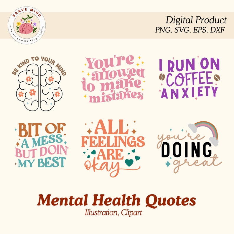 Mental Health Clipart Illustration Bundle Positive Quotation for POD ...