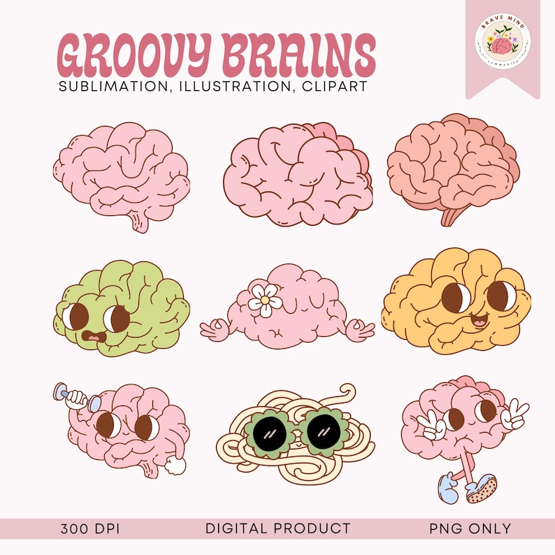 Brain Illustrations PNG Bundle and Digital Stickers for Mental Health ...