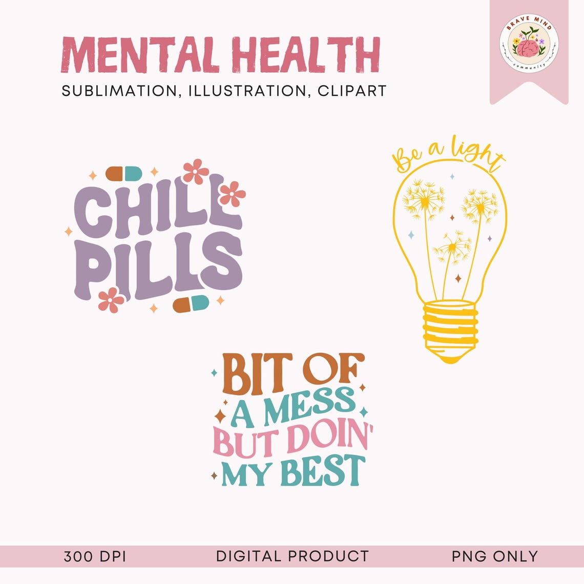 Mental Health Clipart Illustration Bundle Positive Quotation for POD ...