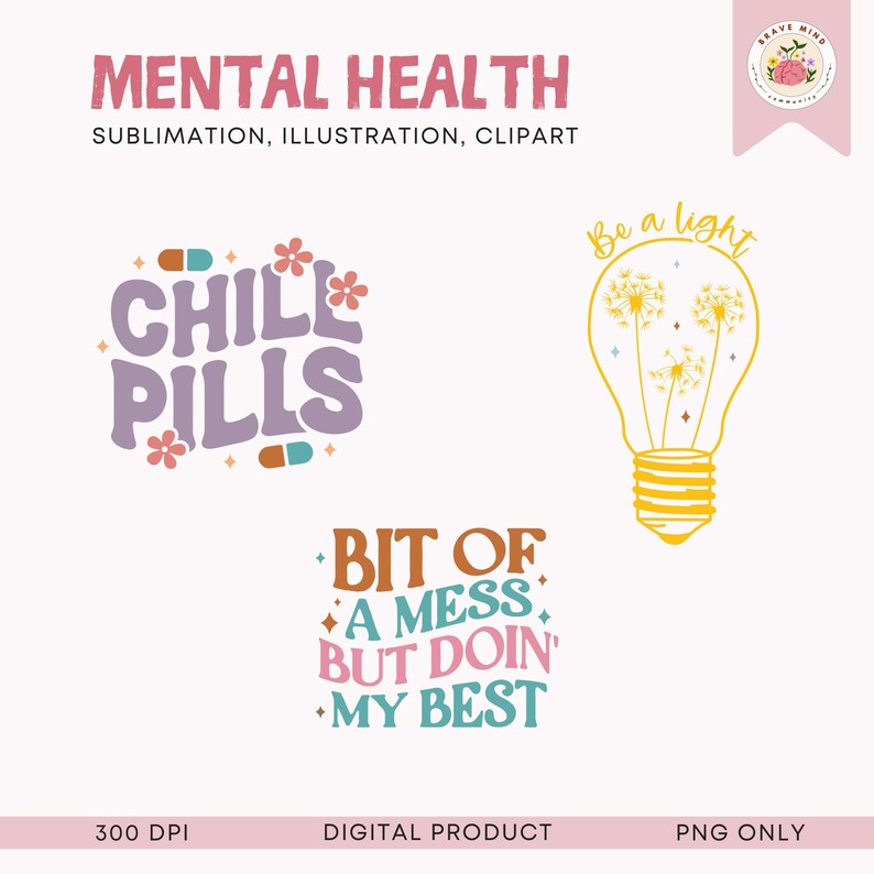 Mental Health Clipart Illustration Bundle Positive Quotation for POD ...