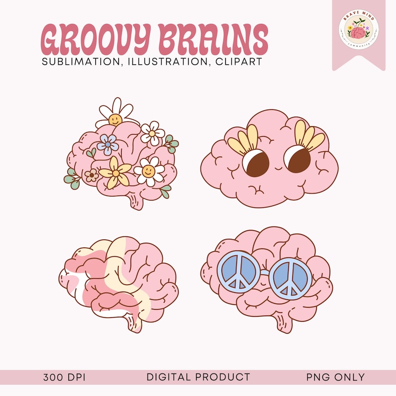 Brain Illustrations PNG Bundle and Digital Stickers for Mental Health ...