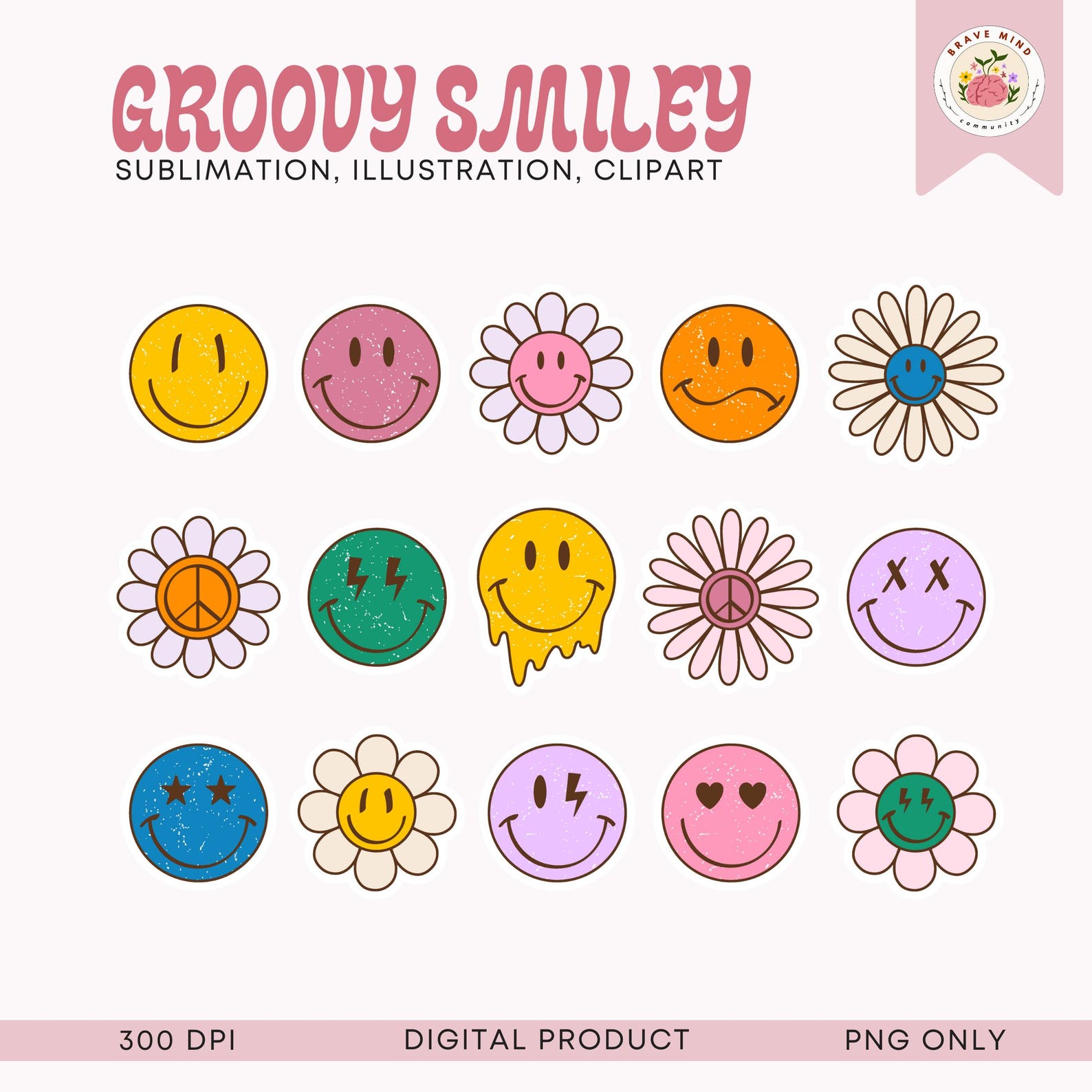 Retro Groovy Smiley Clipart Hippie PNG Retro SVG Cut File Emoji SVG ...