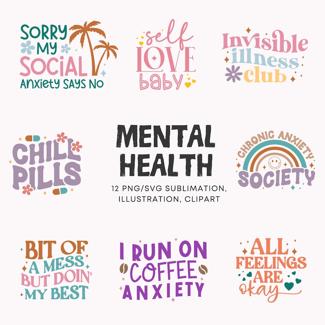 Mental Health Clipart Illustration Bundle Positive Quotation for POD ...