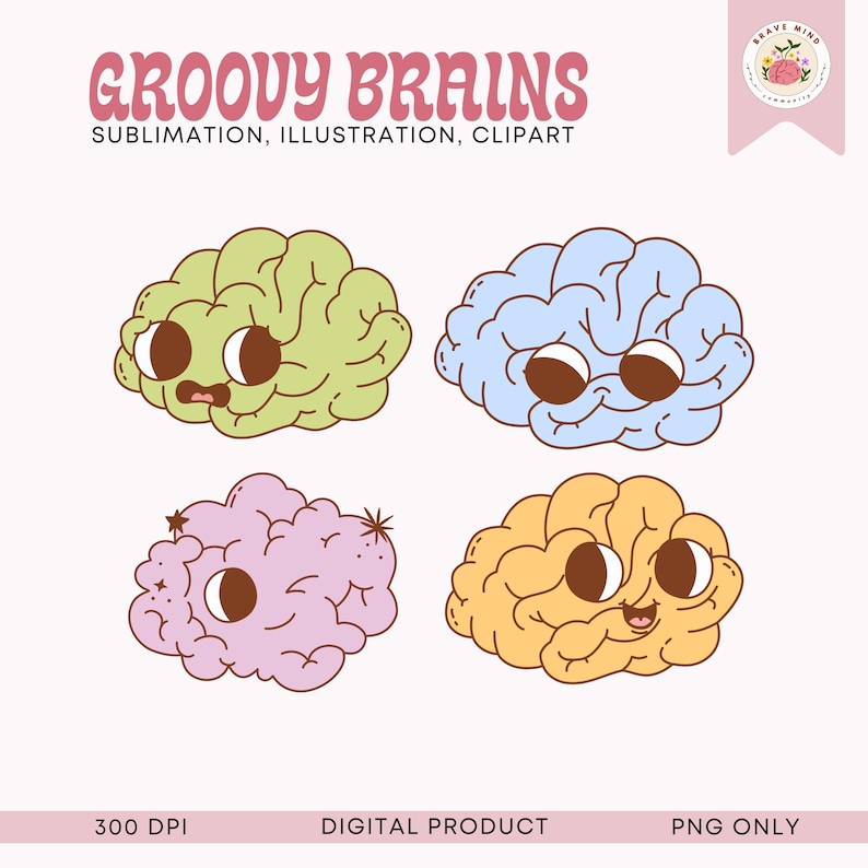 Brain Illustrations PNG Bundle and Digital Stickers for Mental Health ...