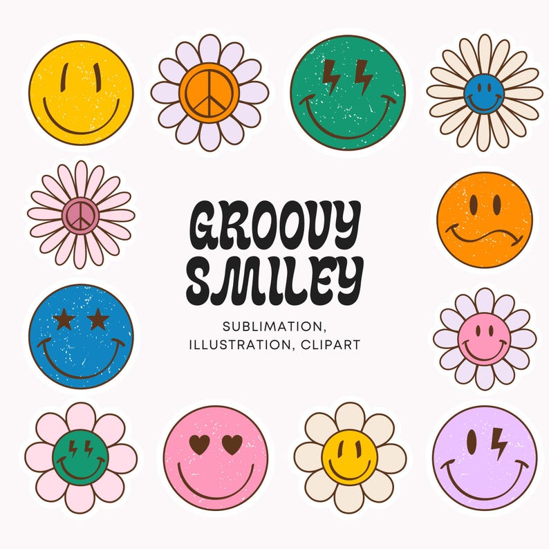 Retro Groovy Smiley Clipart Hippie PNG Retro SVG Cut File Emoji SVG ...