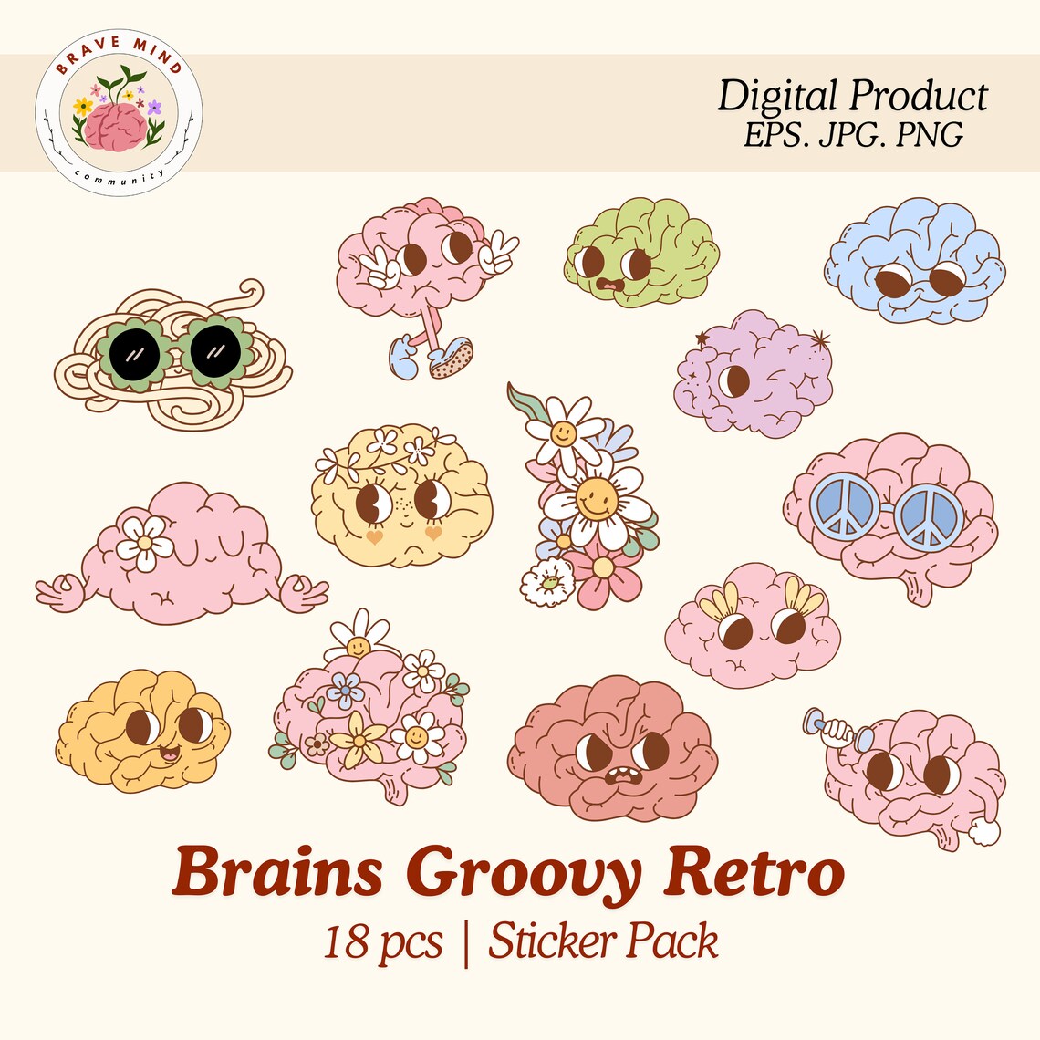 Brain Illustrations PNG Bundle and Digital Stickers for Mental Health ...