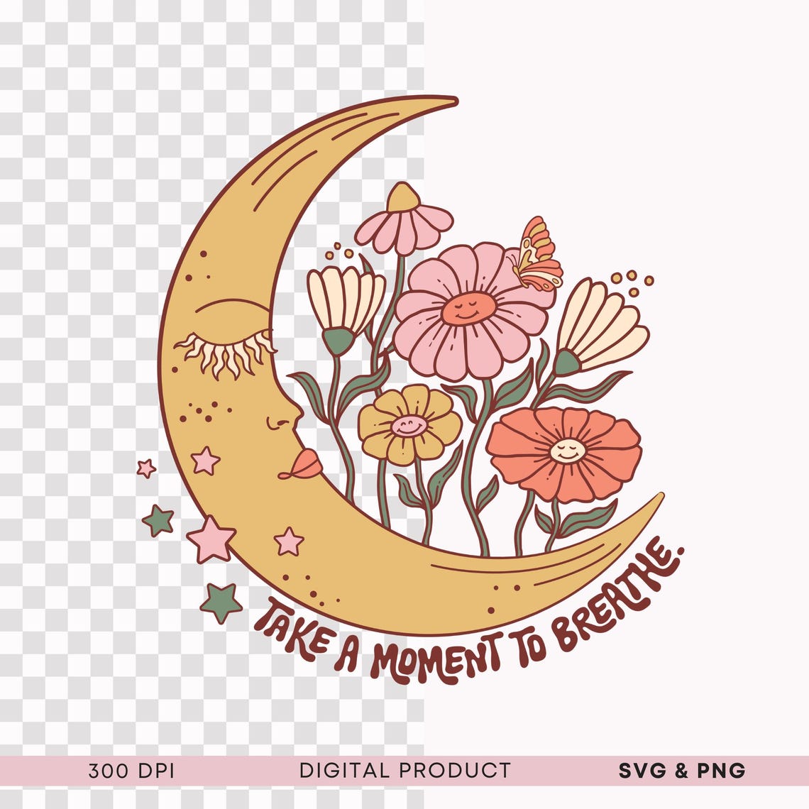 Moon SVG Retro Crescent Moon PNG Clipart Illustration Groovy Clipart ...