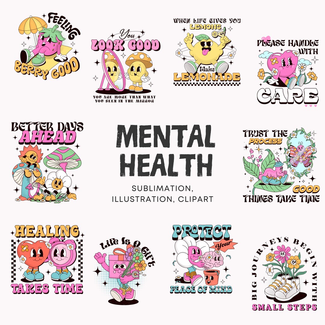 Retro Inspirational Quote PNG Sublimation Bundle Graphics Mental Health ...