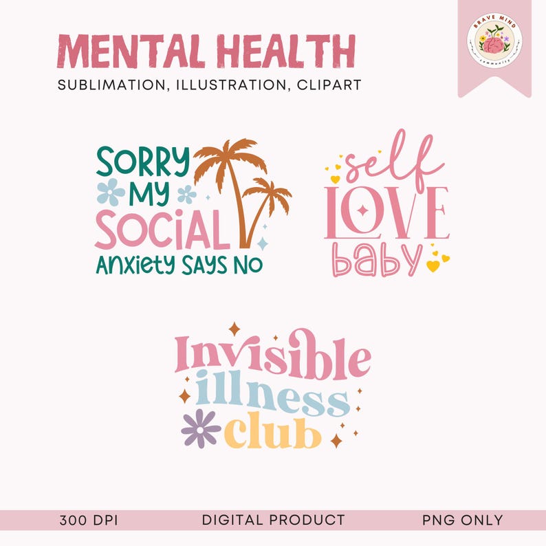 Mental Health Clipart Illustration Bundle Positive Quotation for POD ...