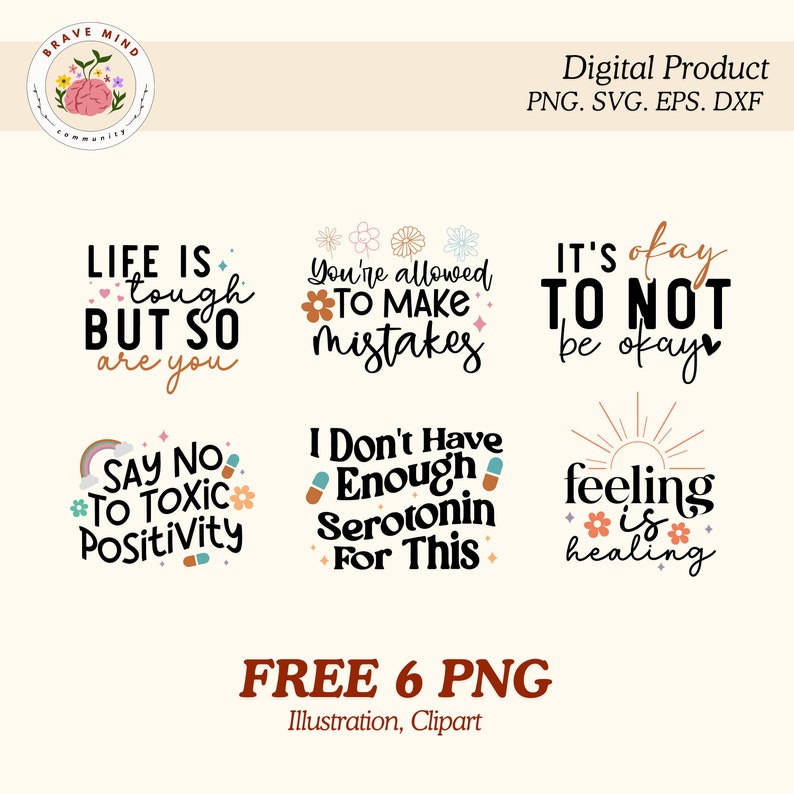 Mental Health Clipart Illustration Bundle Positive Quotation for POD ...