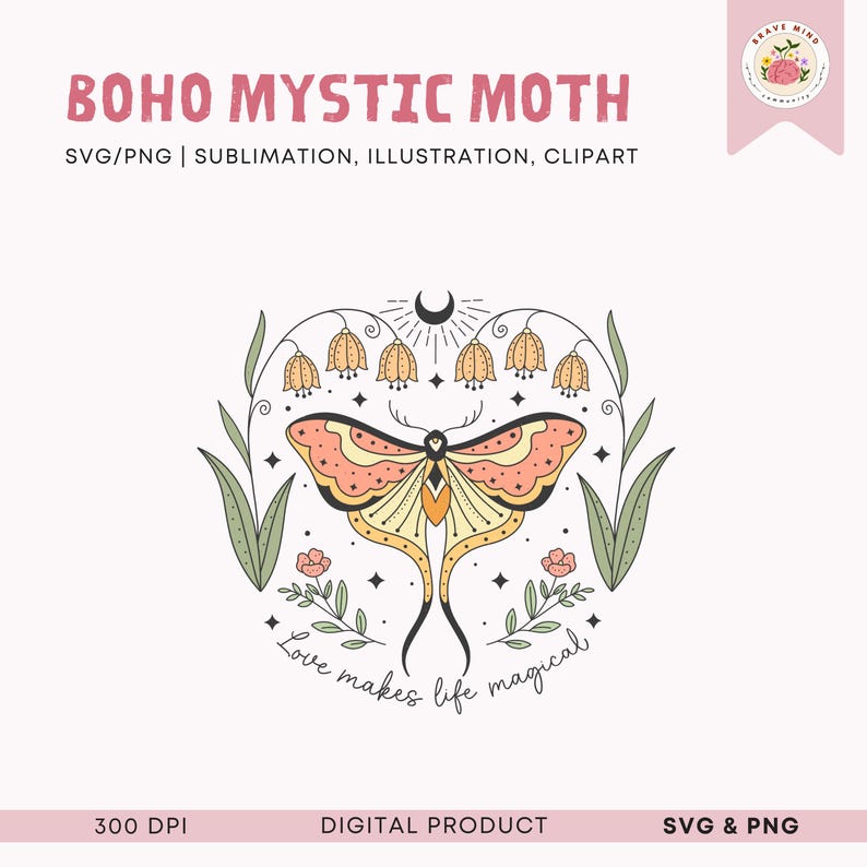 Boho Mystical Moth PNG Boho Moth SVG Sublimation Clipart PNG Boho ...