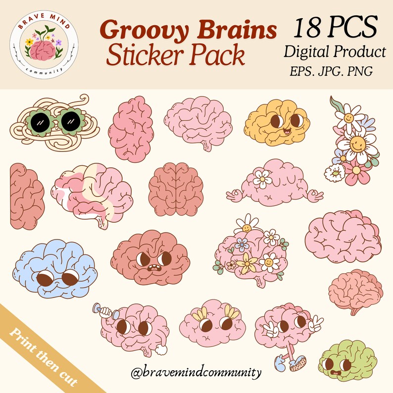 Brain Illustrations PNG Bundle and Digital Stickers for Mental Health ...