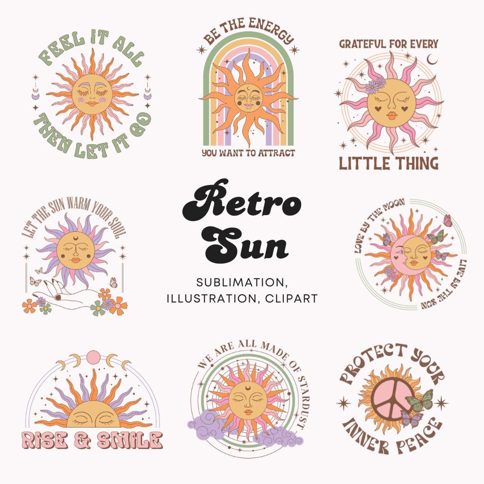Boho Sun PNG Sublimation Bundle Retro Celestial Clip Art SVG Sun ...