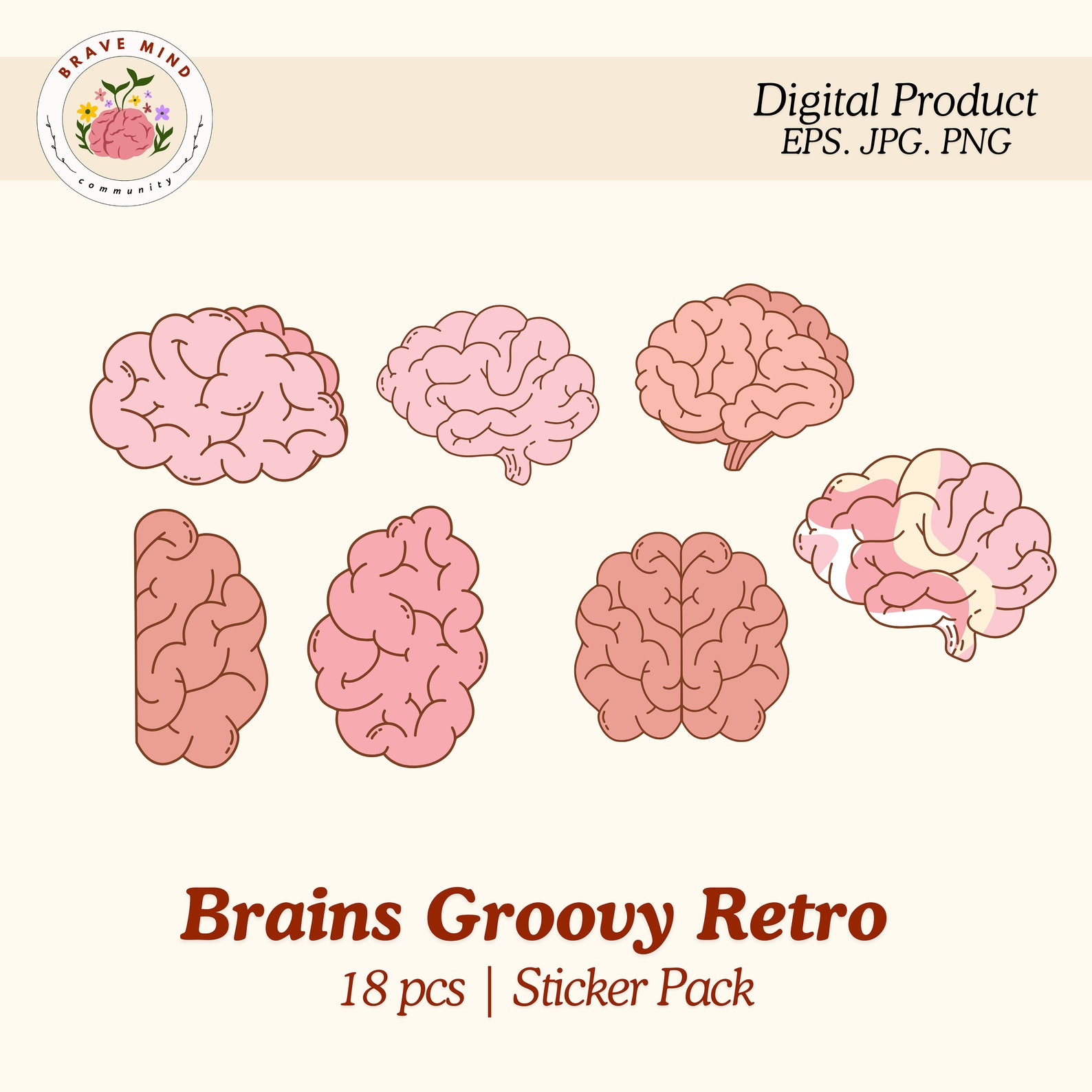 Brain Illustrations PNG Bundle and Digital Stickers for Mental Health ...