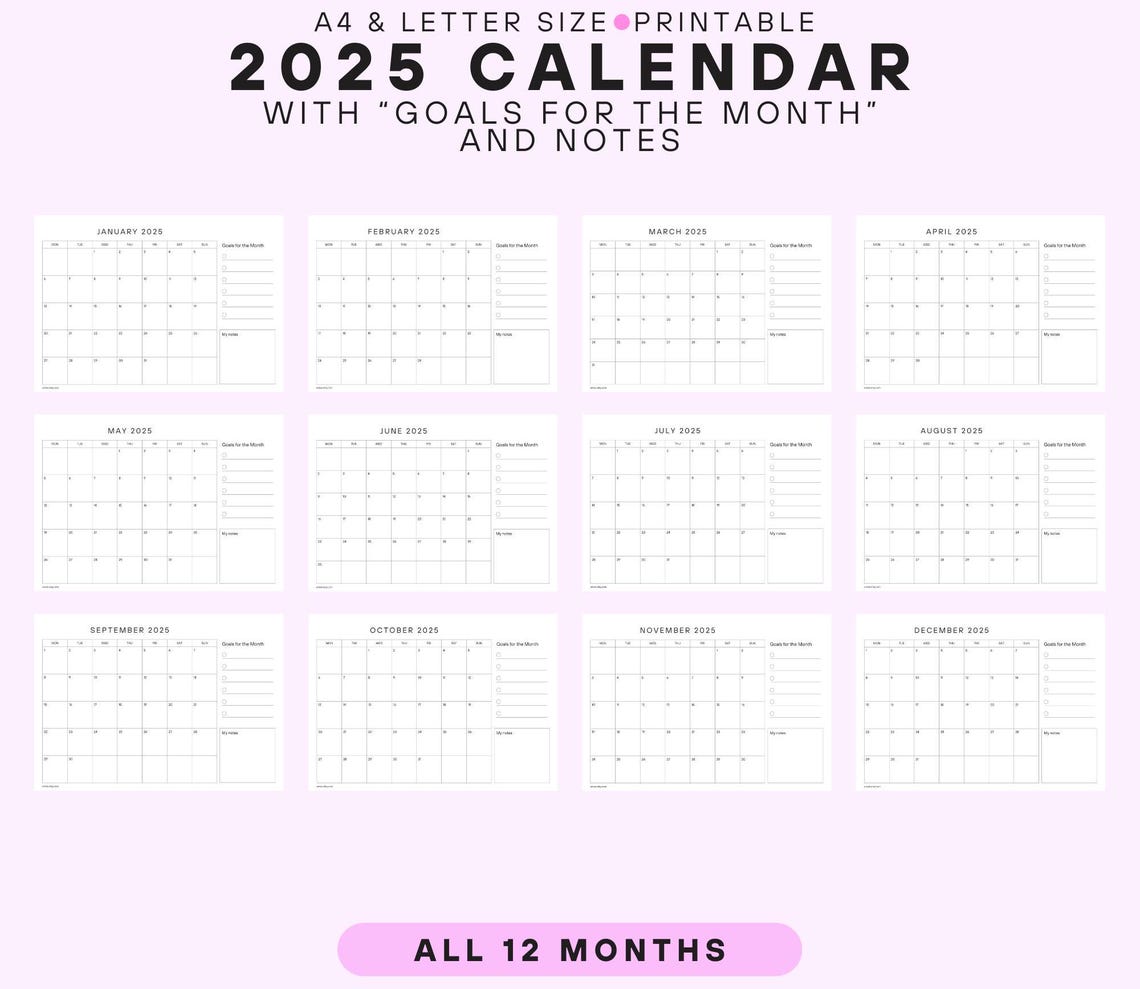 2025 Calendar With Goals for the Month & Notes | Minimalist | INSTANT ...