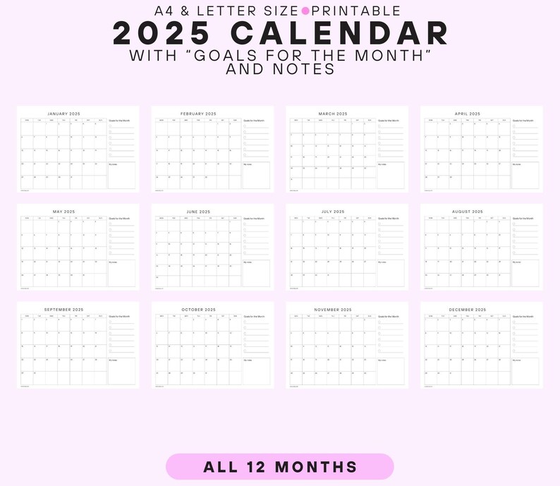 2025 Calendar With Goals for the Month & Notes | Minimalist | INSTANT ...