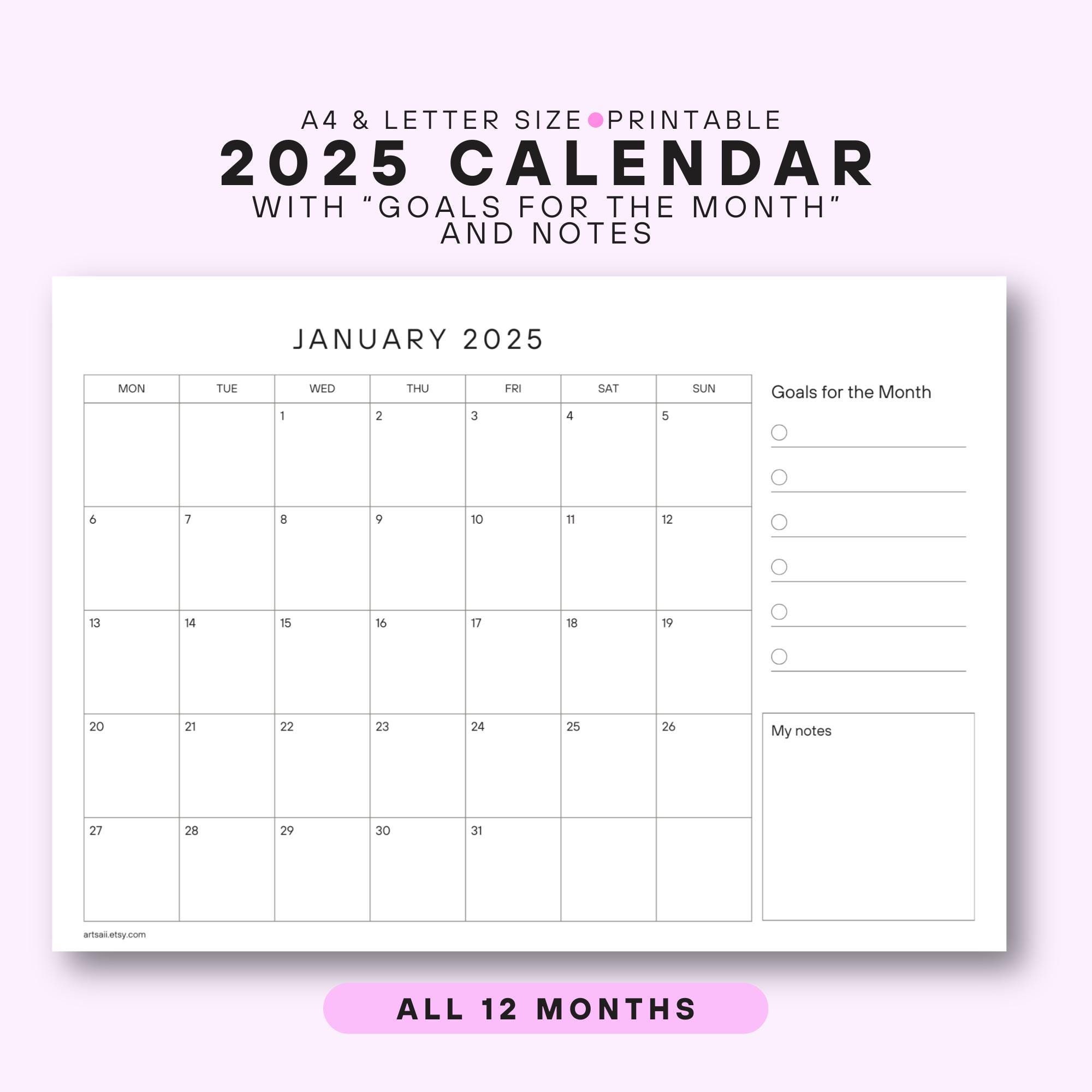 2025 Calendar With Goals for the Month & Notes | Minimalist | INSTANT ...