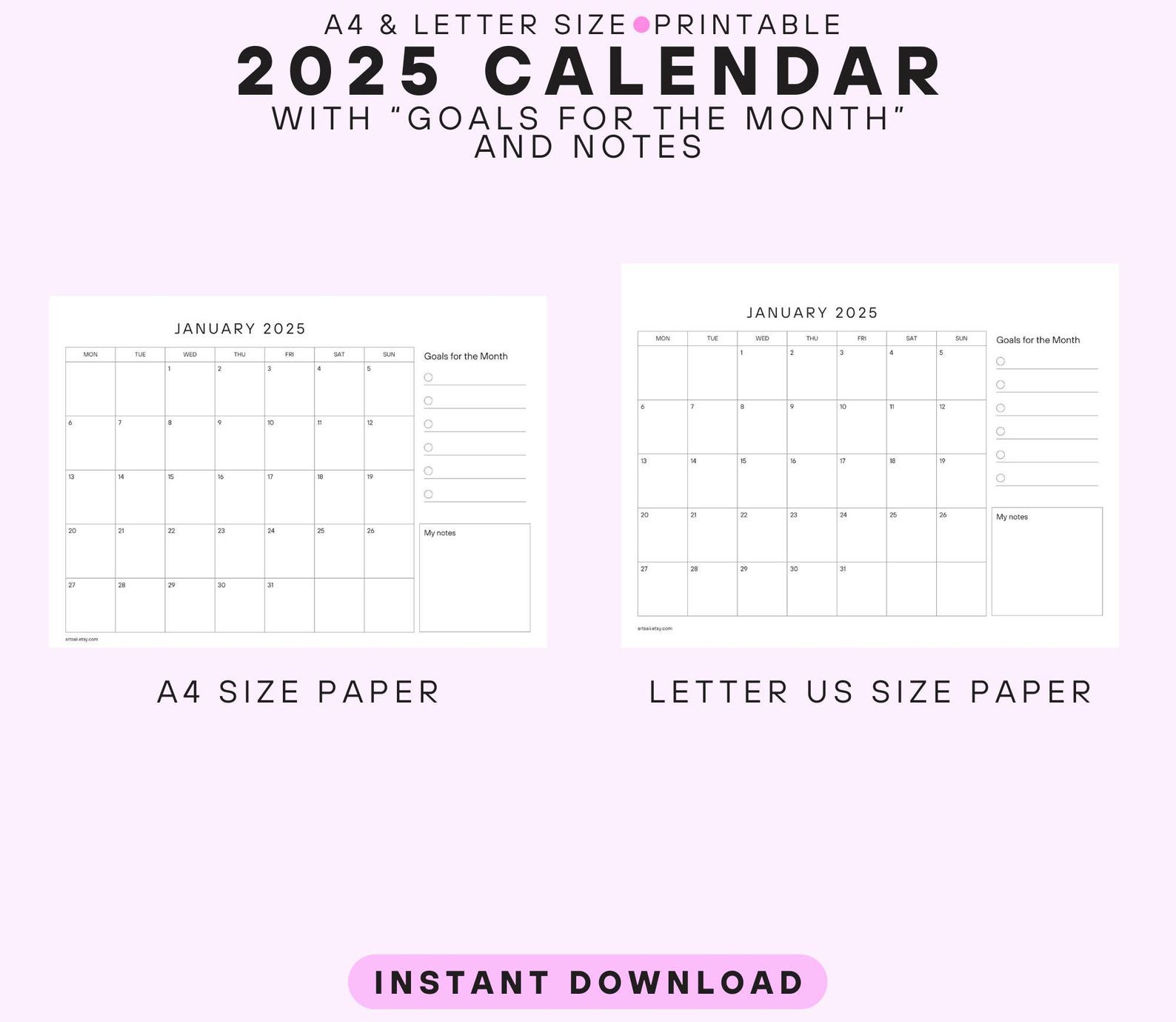 2025 Calendar With Goals for the Month & Notes | Minimalist | INSTANT ...