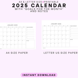 2025 Calendar With Goals for the Month & Notes | Minimalist | INSTANT ...