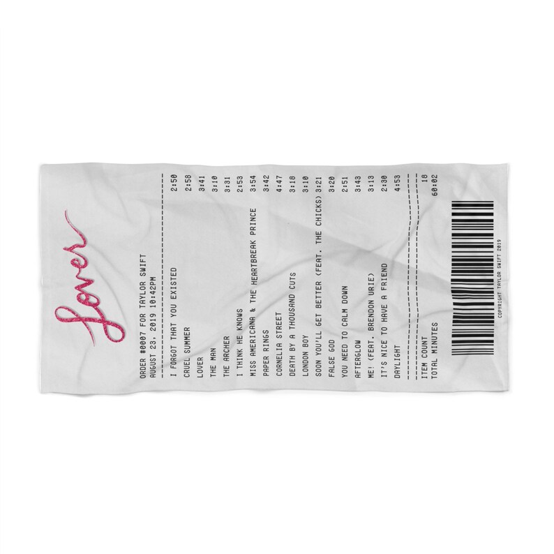 Lover Album Receipt, Taylor Swift, White Beach Towel - Etsy