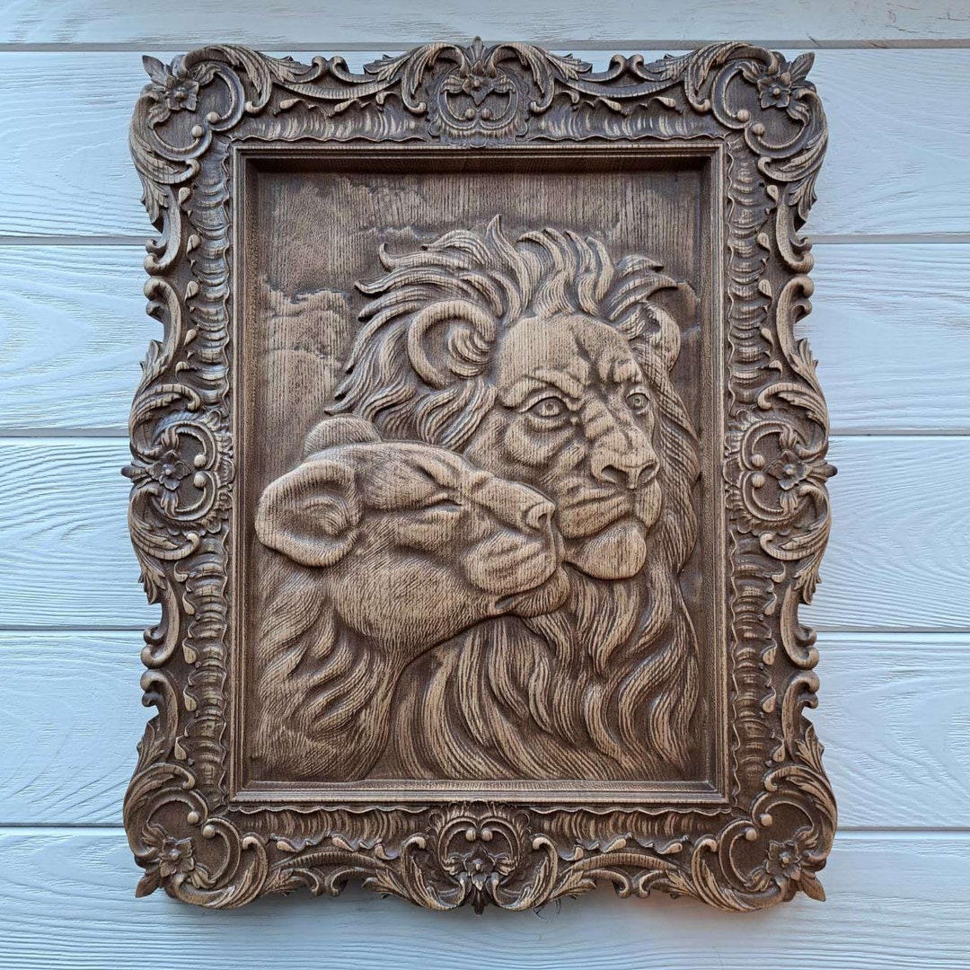 Lion and Lioness Carved Wood Panel Carvings Wooden Sculpture Wall ...