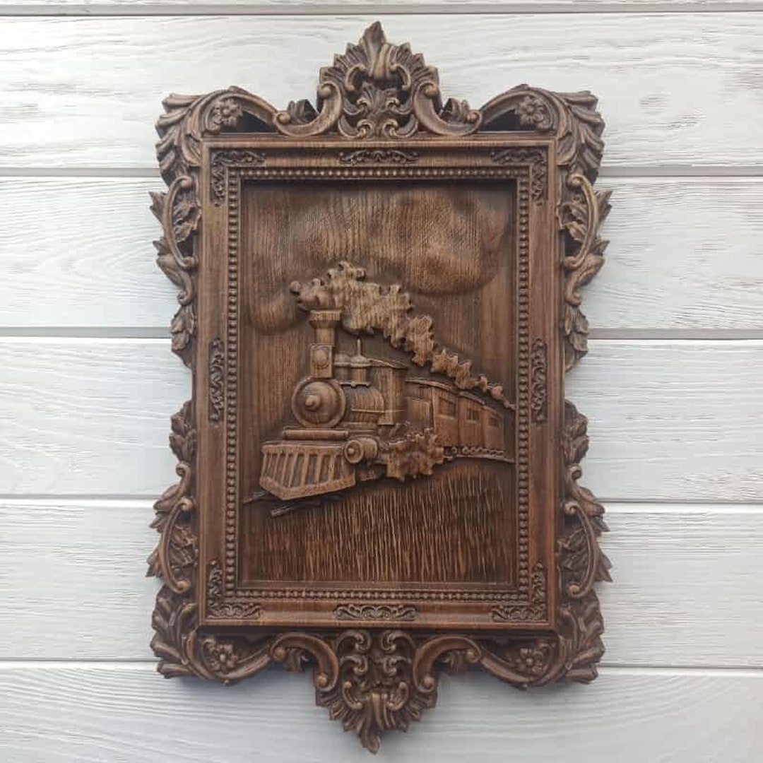 Carved Train Wood Panel Carvings Train Wooden Sculpture Wall Hanging ...