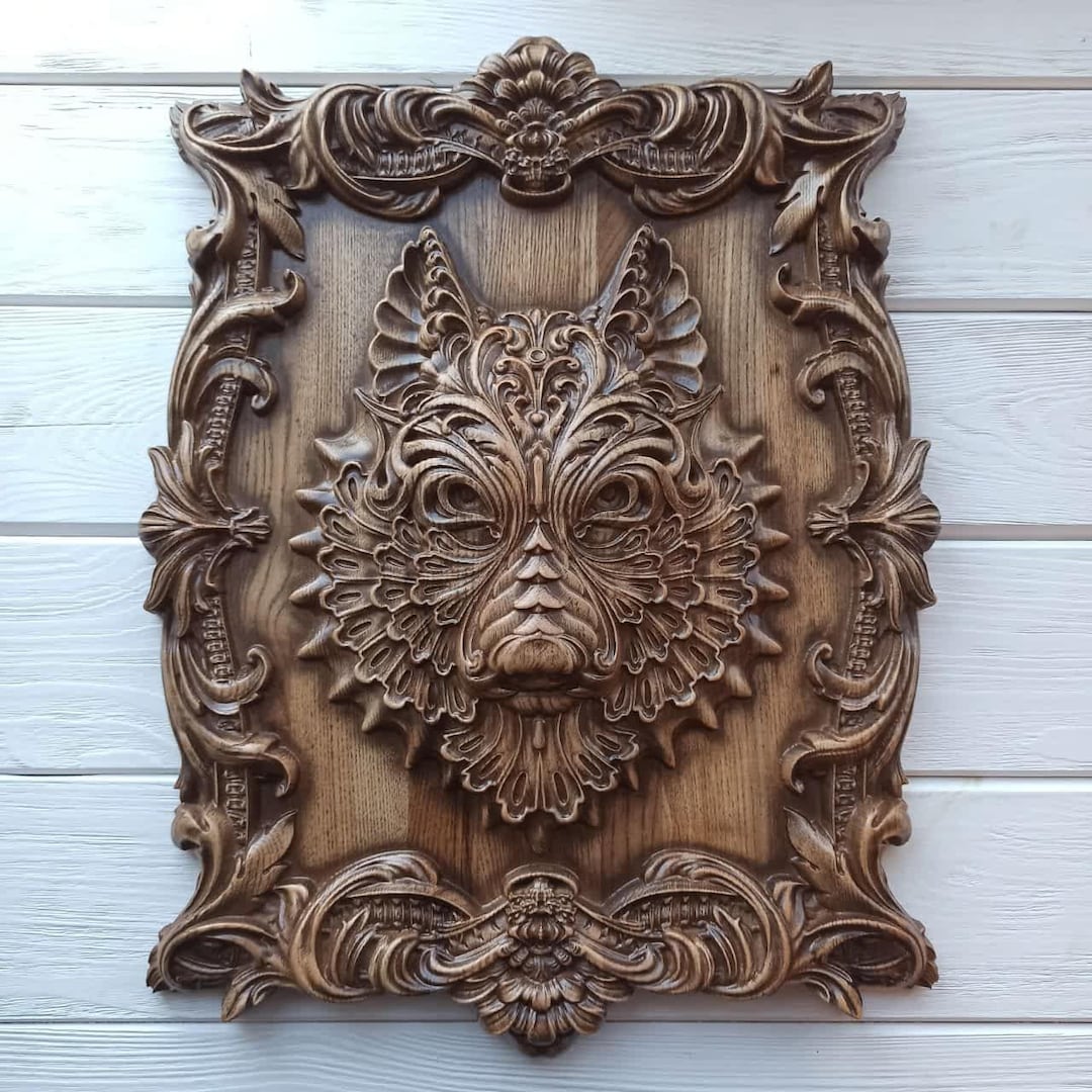 Carved Wolf in a Frame Carved Wood Panel Wall Decor Carved Wolf Hand ...
