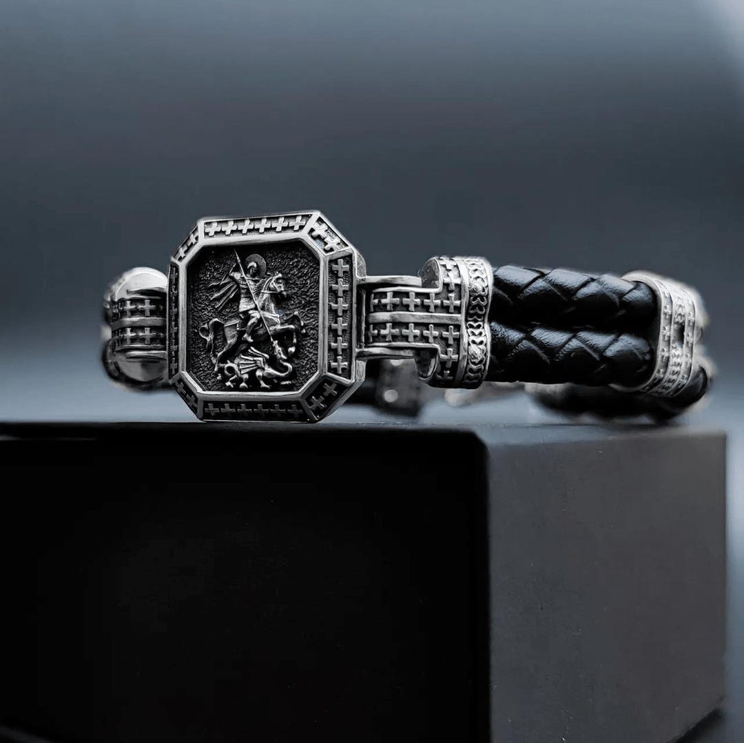 Saint George Icon Bracelet, Silver & Leather Christian Jewelry for Men ...