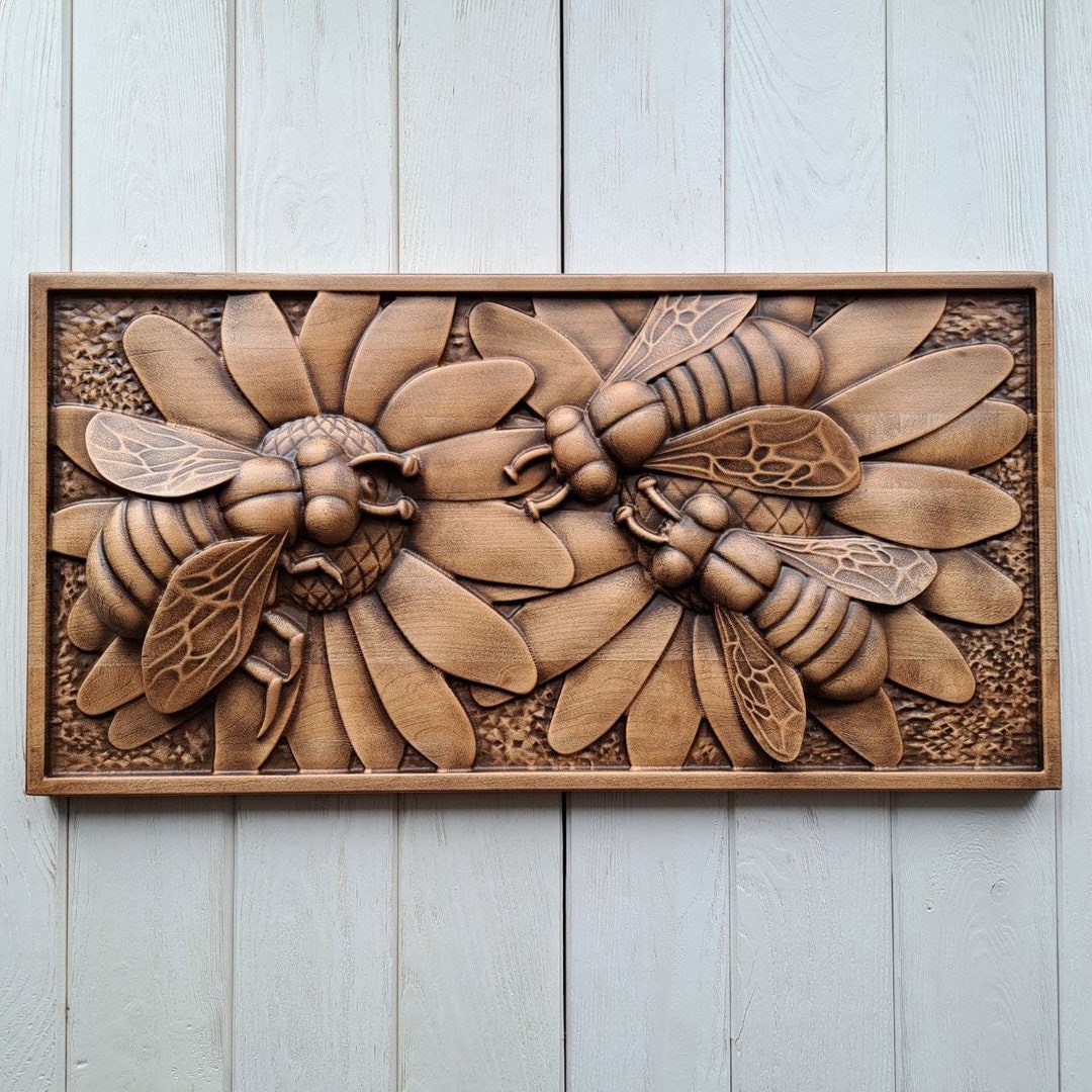 Carved Bees Wood Panel Wall Art Decor Hand Carved Bee Wooden Sculpture ...
