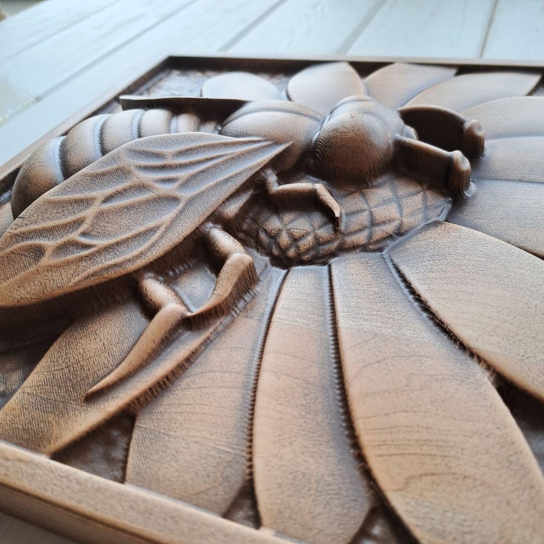 Carved Bees Wood Panel Wall Art Decor Hand Carved Bee Wooden Sculpture ...