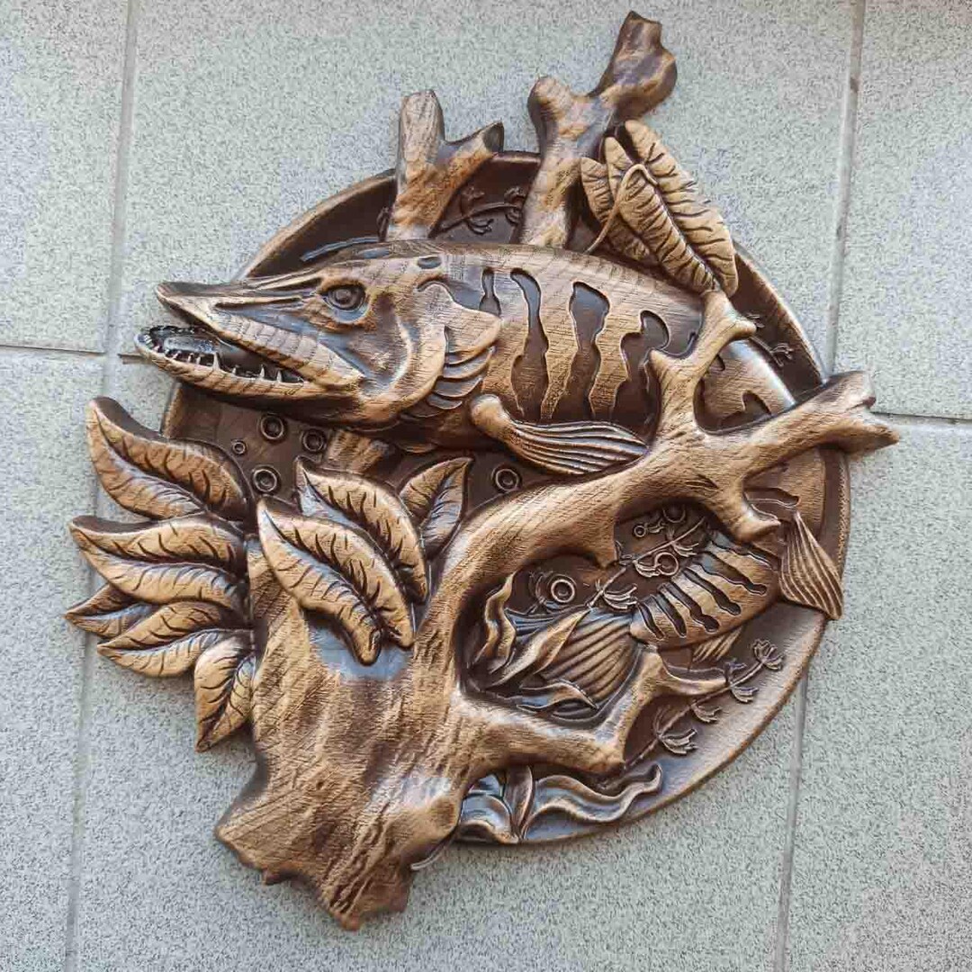 Сarved Pike Wood Panel Wall Art Wooden Carvings Hand Carved Fish Wooden ...