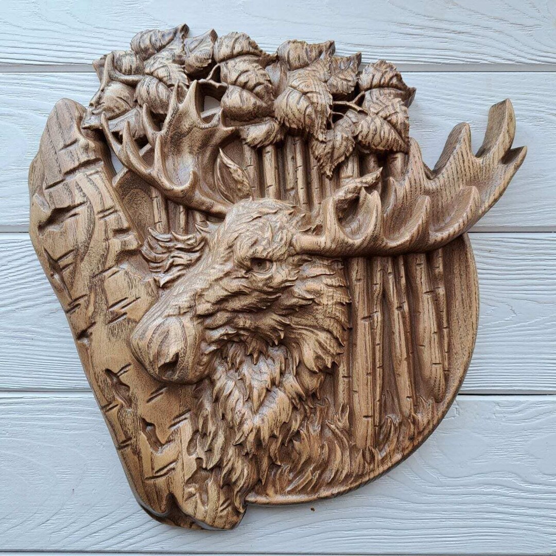 Elk Carved Wood Panel Sparrow Wall Art Wooden Elk Carvings Decor Hand ...
