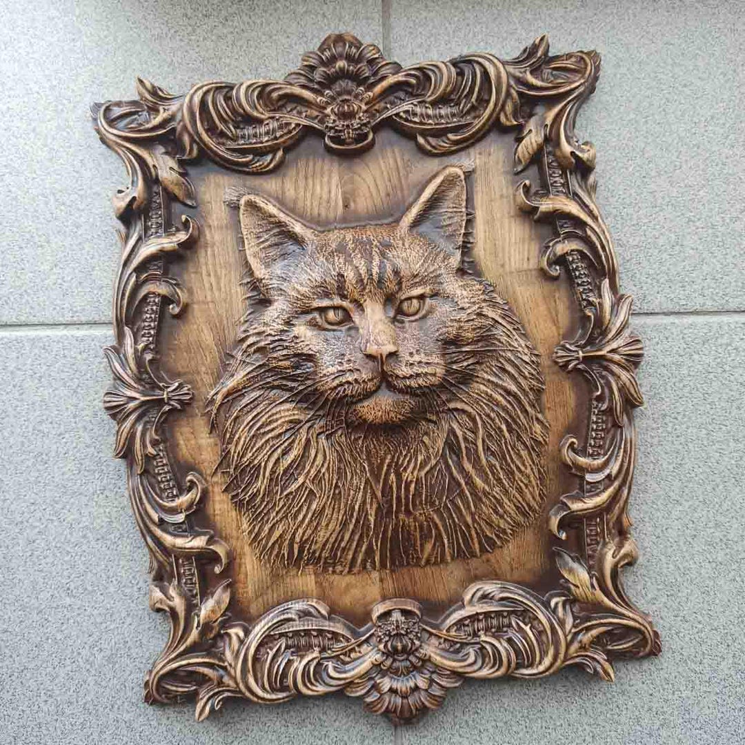 Carved Cat in Frame Carved Wood Panel Wall Deco Hand Carved Wooden ...