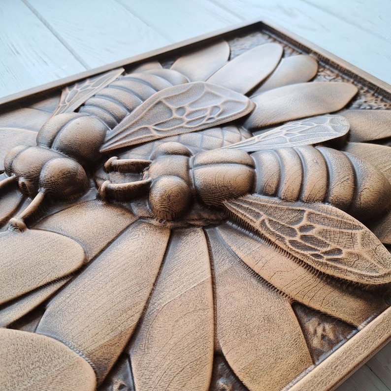 Carved Bees Wood Panel Wall Art Decor Hand Carved Bee Wooden Sculpture ...