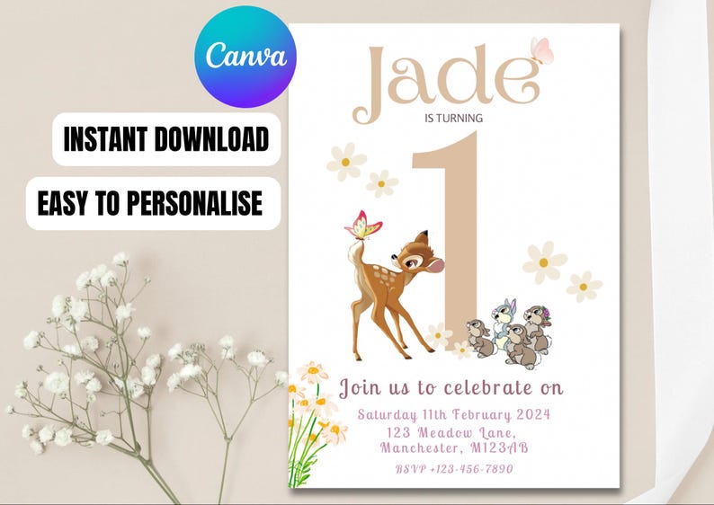 Woodland Bambi Birthday Invitation | Neutral Boho Forest Party ...