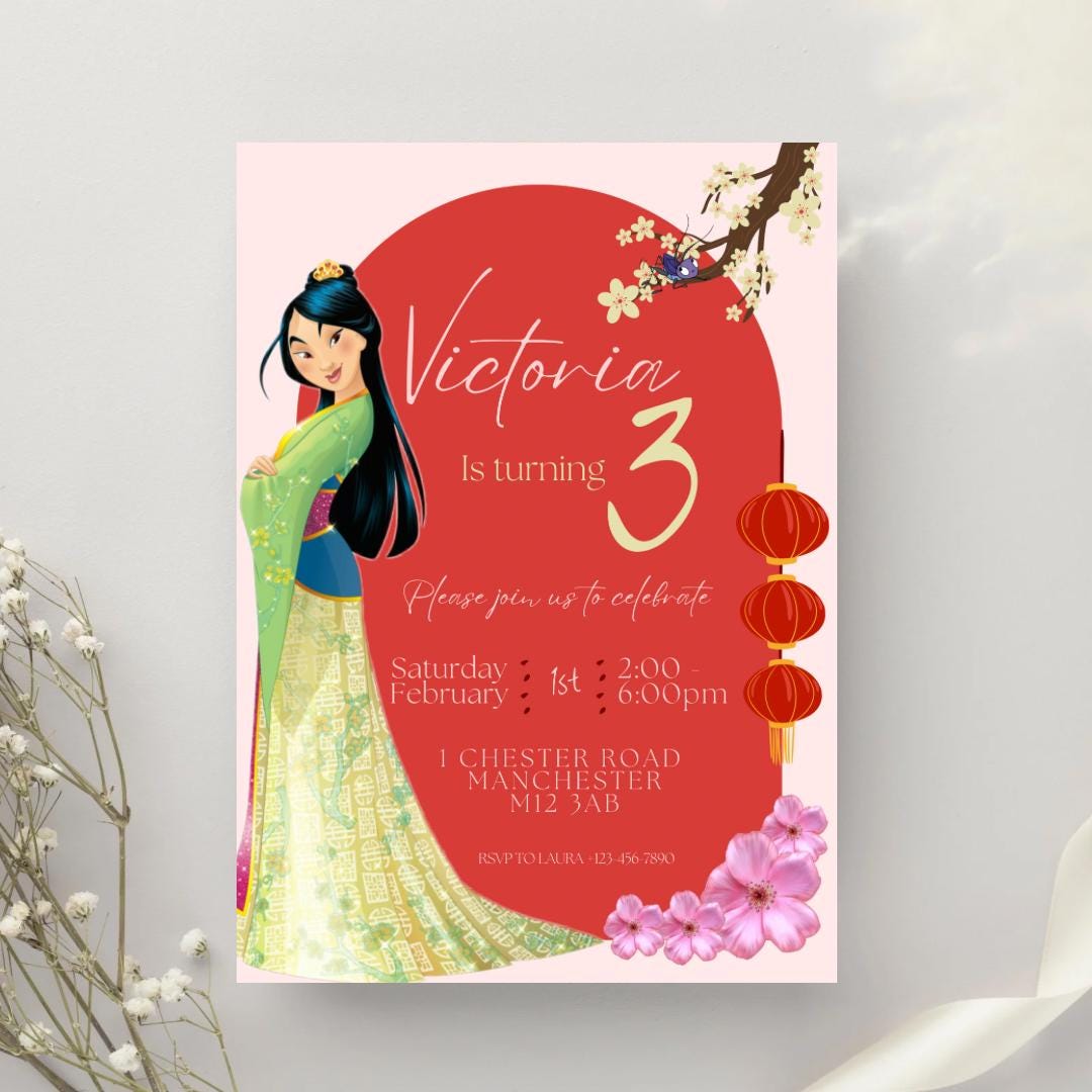 Mulan Birthday Party Invitation Template, Disney Princess, Printable ...