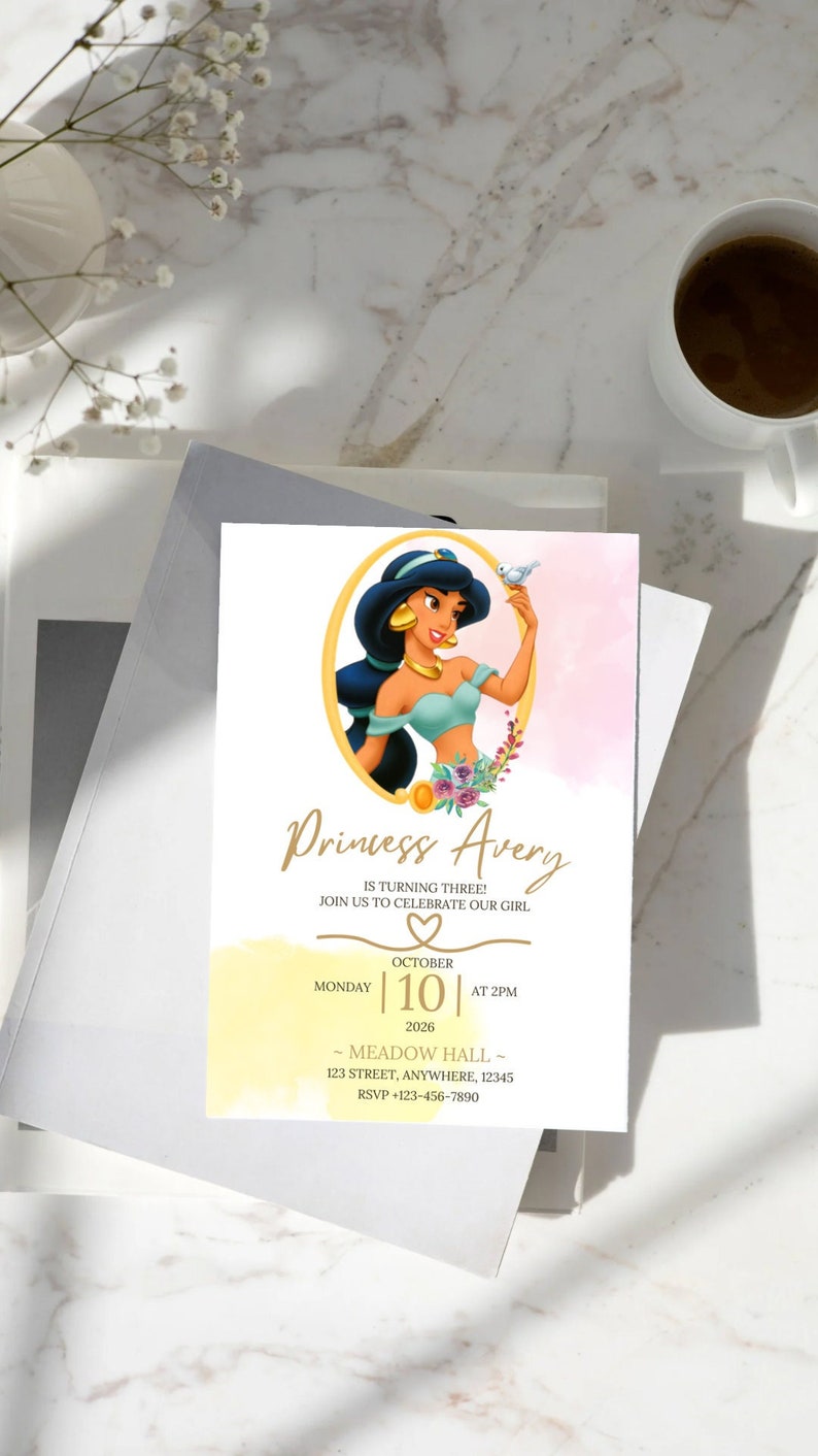 Editable Disney Princess Jasmine, Aladdin Birthday Invitation Template ...