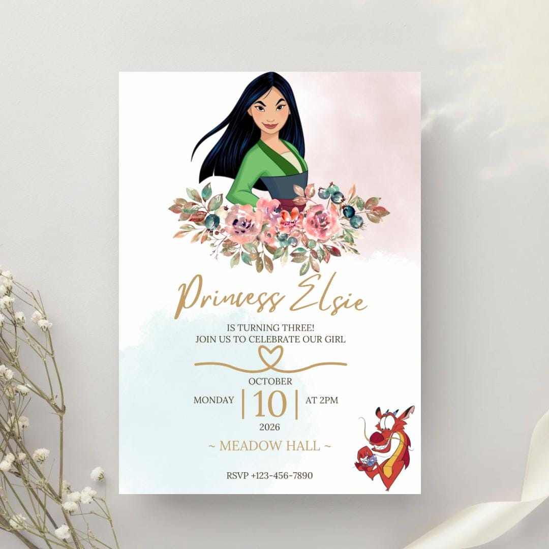 Mulan Birthday Invitation Template, Disney Princess, Girls Birthday ...