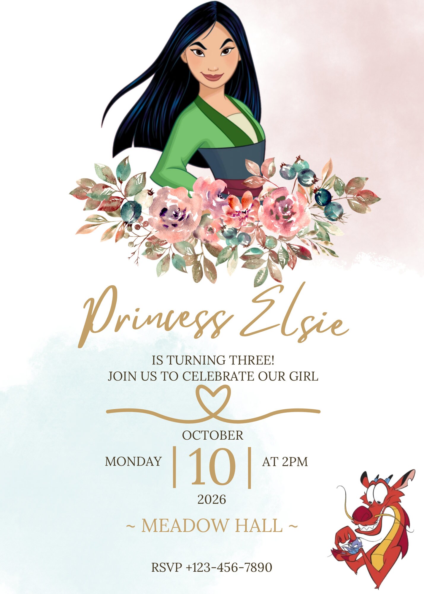 Editable Disney Princess Mulan Birthday Invitation Template, Printable ...