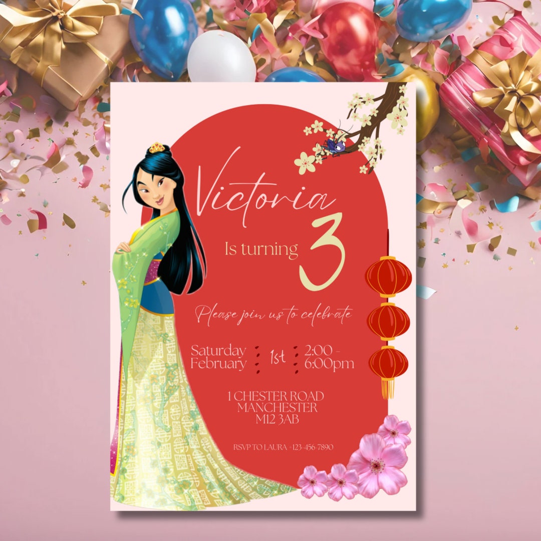 Editable Disney Princess Mulan Birthday Party Invitation Template ...