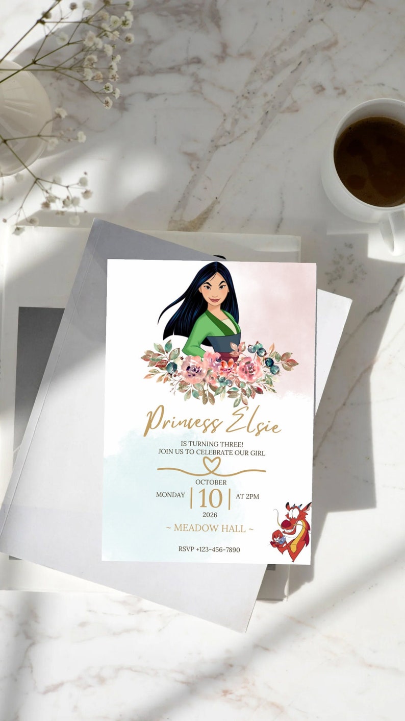 Editable Disney Princess Mulan Birthday Invitation Template, Printable ...
