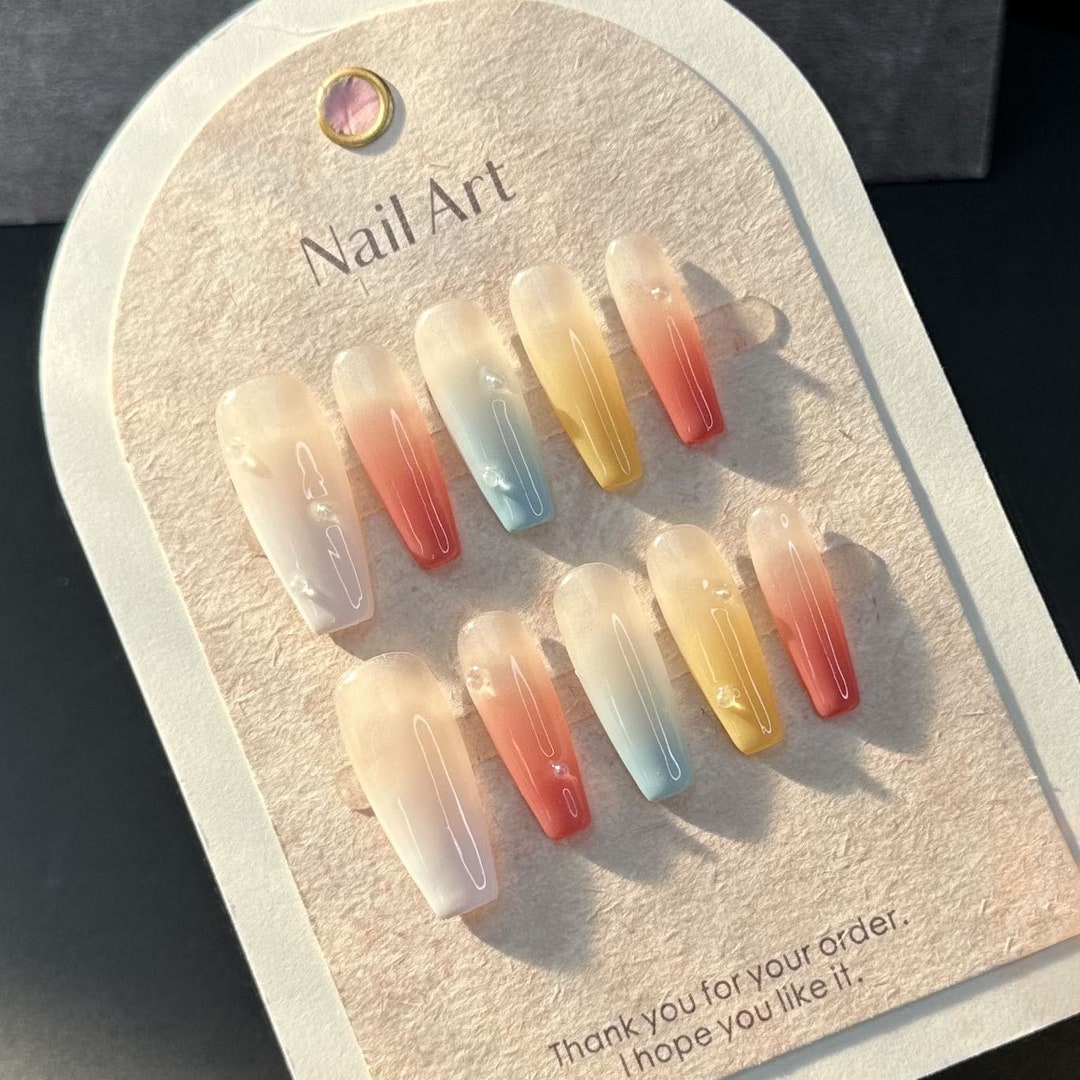 Summer Tri-color Rainbow Gel Nails / Press on Nails / Coffin Nails ...