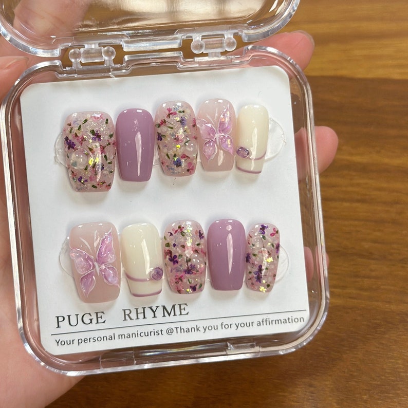 Purple Rose Hand-painted Watercolor Butterfly Dried Flower Manual Phototherapy Wear Nail Art ...